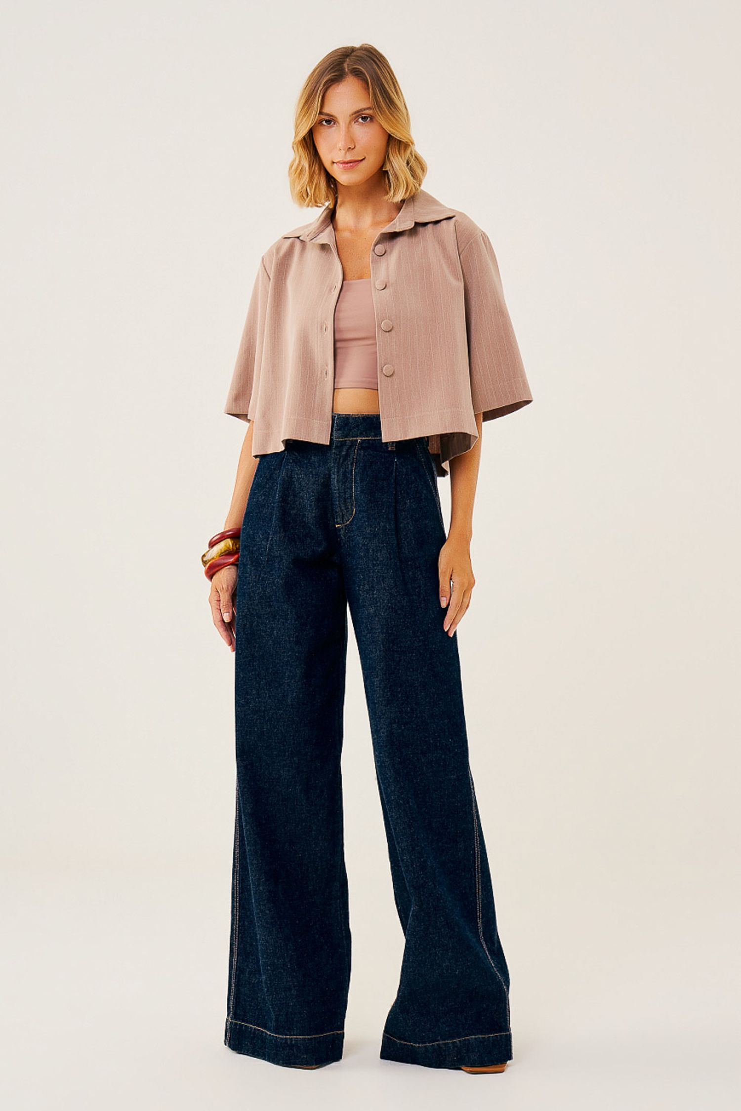 Camisa Cropped Risca de Giz - Maria Emília